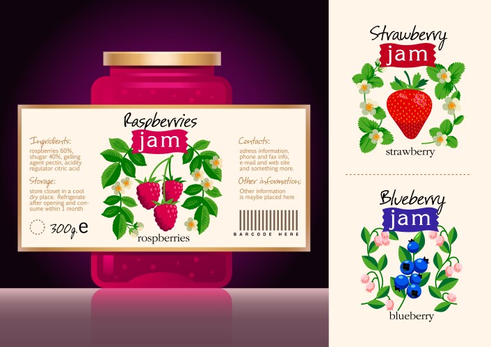 Berry jam and marmalade labels fresh strawberry Vector Image