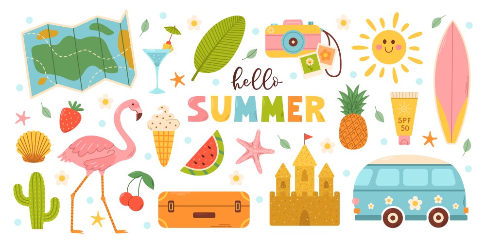 Set cute summer beach elements vacation Royalty Free Vector
