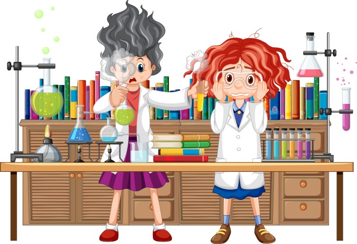 Scientist kids cartoon character with laboratory Vector Image