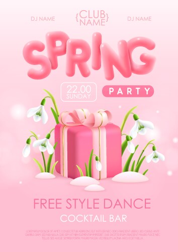 Spring disco party poster with realistic snowdrops