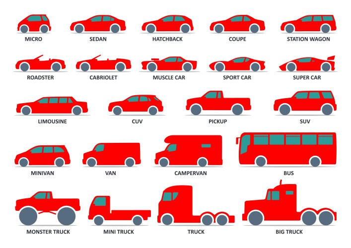 Car types flat icons Royalty Free Vector Image