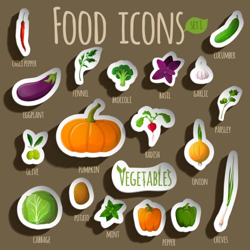 Sticker icon set of fresh ripe stylized vegetables