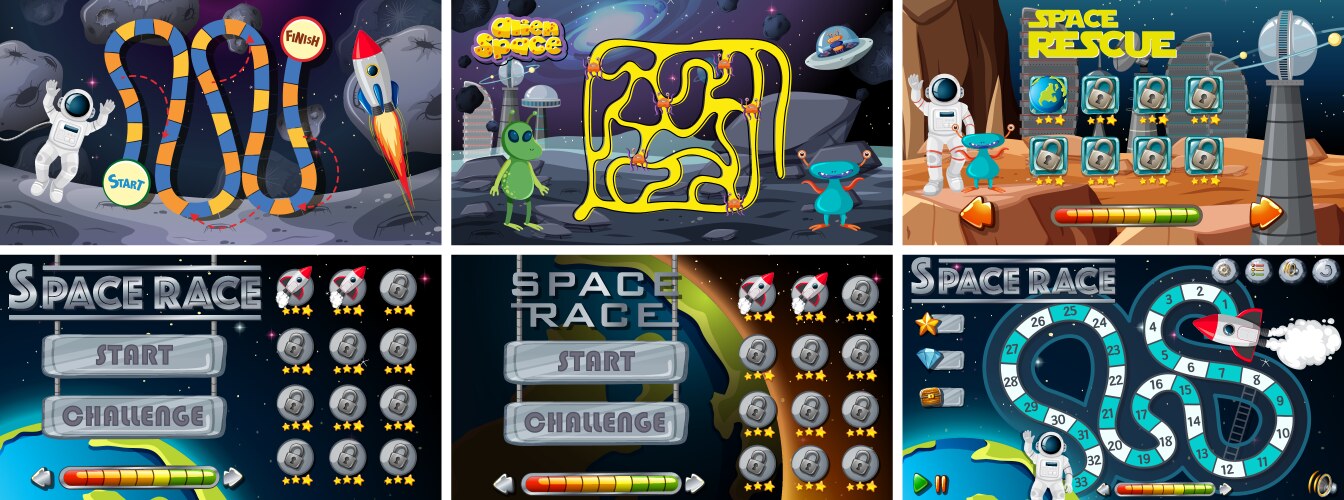 Gui app screens for space adventure game Vector Image