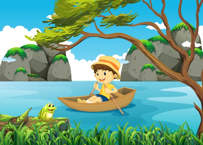 Cartoon boy fishing on a boat Royalty Free Vector Image