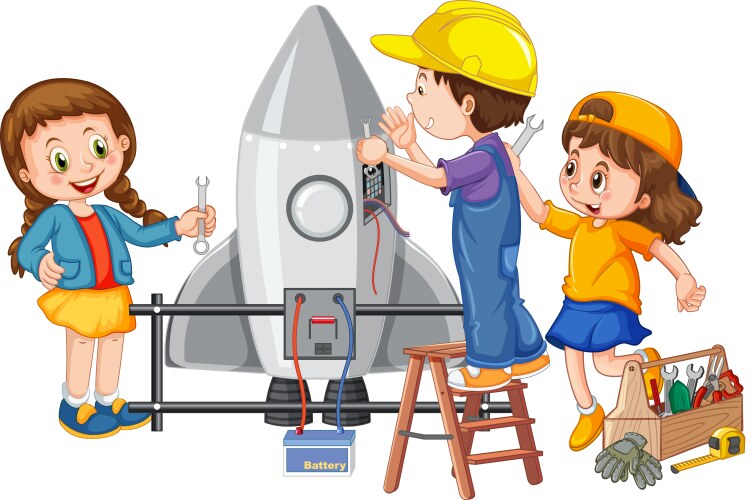 Young happy two men and girl building mini rocket Vector Image