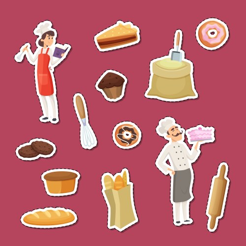 Cartoon bakery elements stickers of set Royalty Free Vector