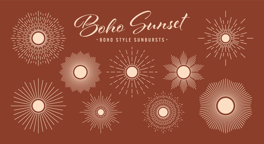 Vintage sunburst sunset beams collection boho Vector Image