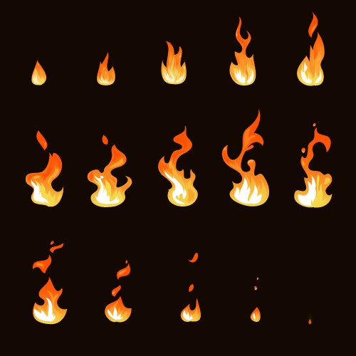 Fire sprite sheet cartoon flame game Royalty Free Vector