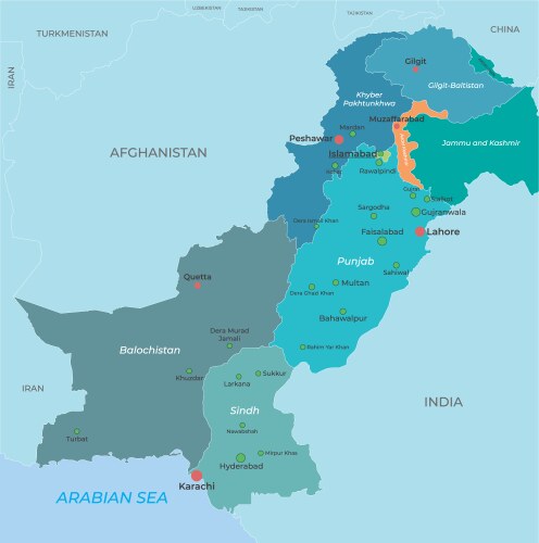 Sindh map of pakistan with city names Royalty Free Vector