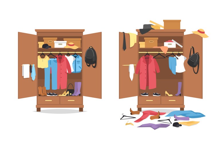 Before untidy and after tidy wardrobe messy Vector Image