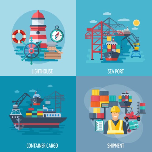 Sea port icons flat line set Royalty Free Vector Image
