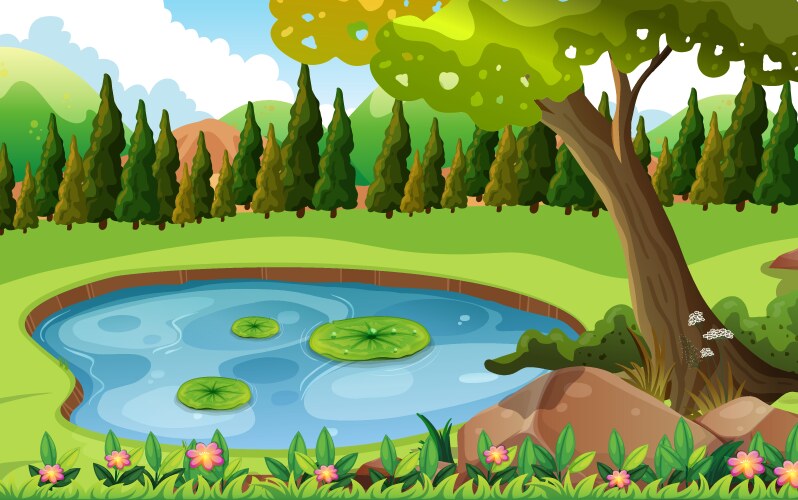Colorful cartoon background with pond inhabitants Vector Image