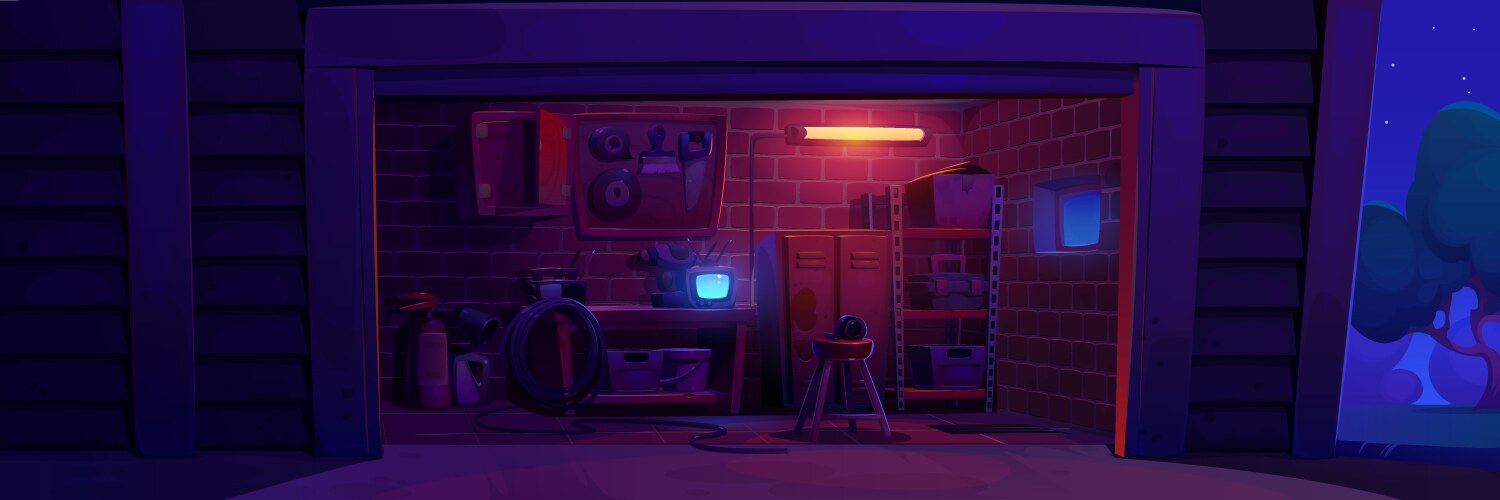 Cartoon garage interior design at night Royalty Free Vector