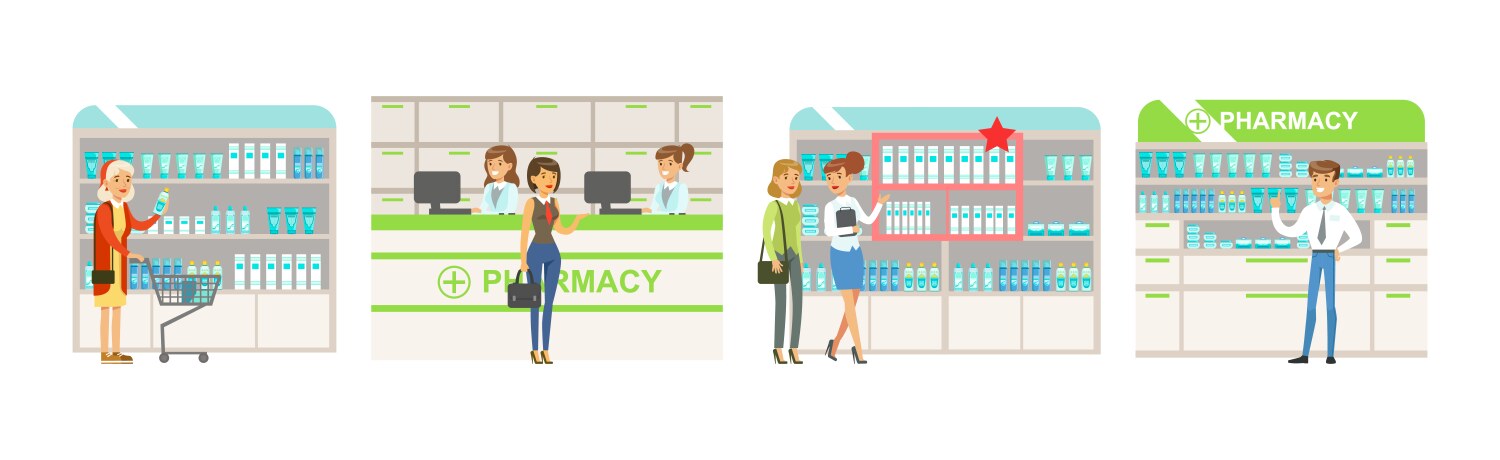 Smiling people character at pharmacy store Vector Image