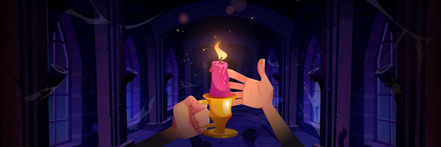 Hand holding candle in medieval castle corridor Vector Image