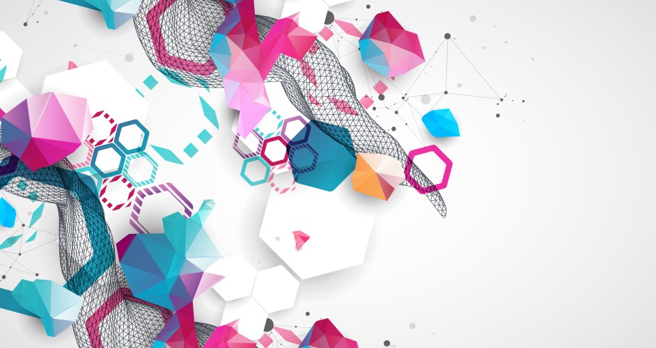 Abstract wave with colorful hexagons and plexus Vector Image