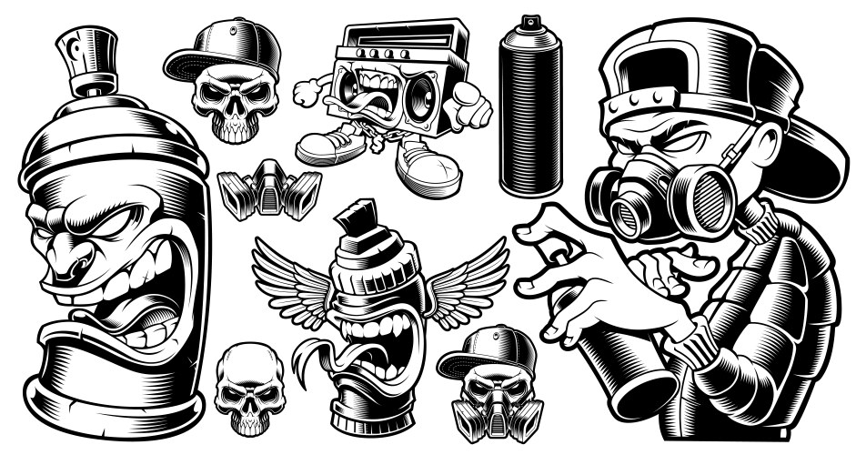 Set of black and white graffiti stickers Vector Image