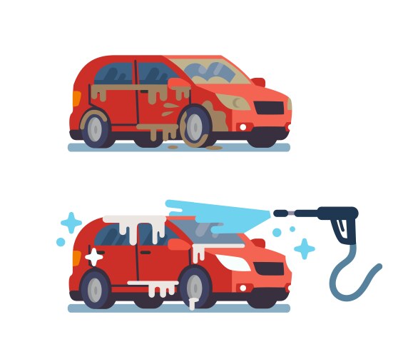 Cartoon funny car washing with water pipe and spon