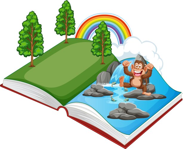 Kids exploring a forest from an open book Vector Image