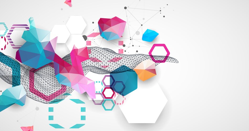 Abstract wave with colorful hexagons and plexus Vector Image