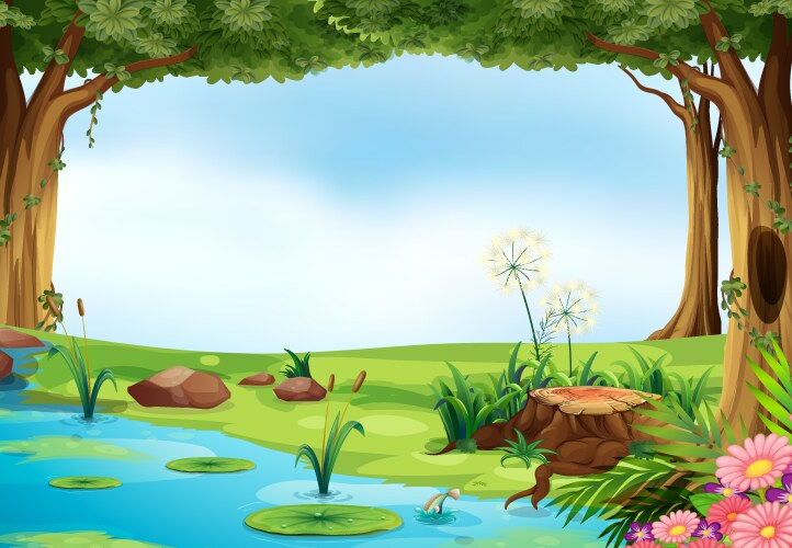 Forest scene with pond and mountains Royalty Free Vector