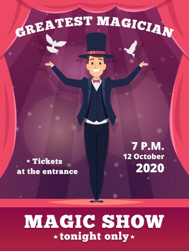 Cartoon magician on circus stage Royalty Free Vector Image