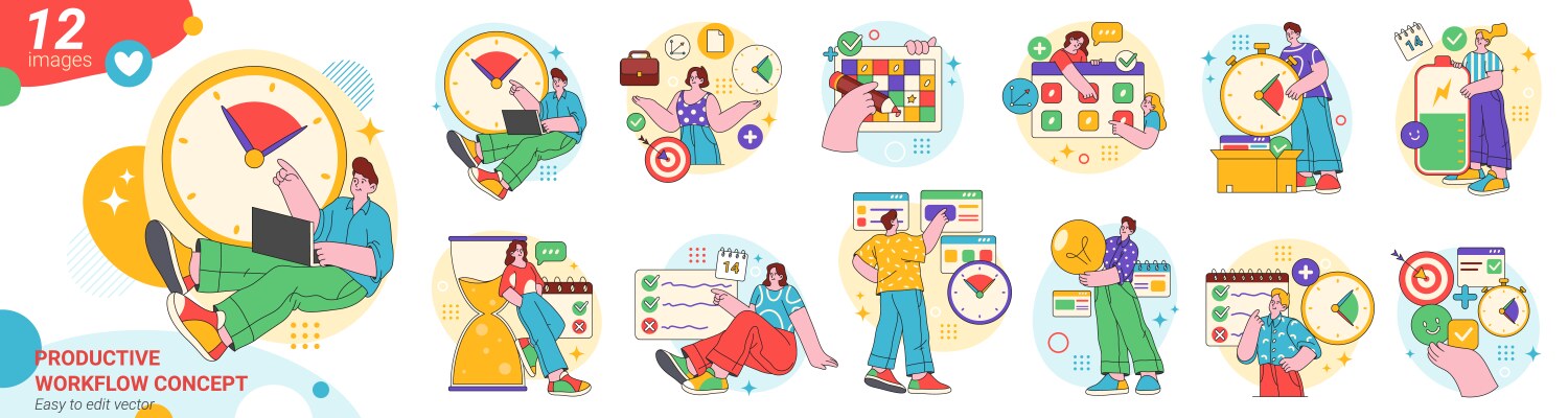Employees sitting on workflow diagram to work Vector Image Employees sitting on workflow diagram to work Vector Image