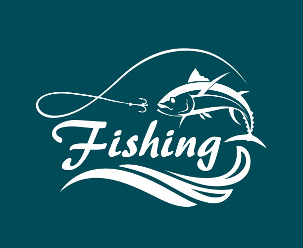 Fisherman catches fish with rod fishing emblem Vector Image