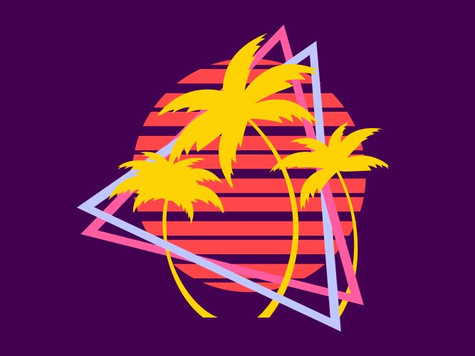 80s retro sci-fi palm trees on a sunset Royalty Free Vector