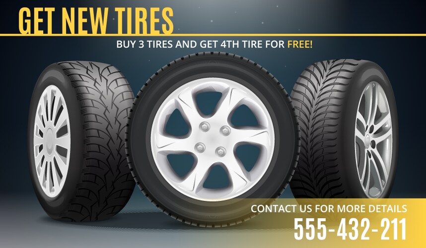 Realistic tire banner car wheel repair and auto Vector Image