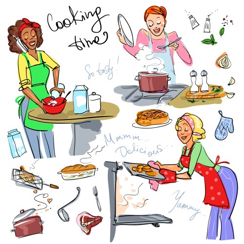 Woman cooking and other ingredients Royalty Free Vector