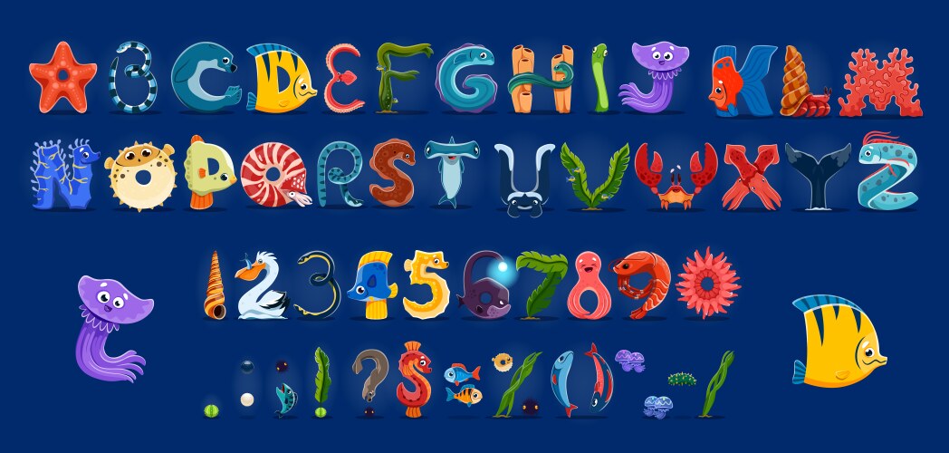 Sea animal font underwater ocean alphabet type Vector Image