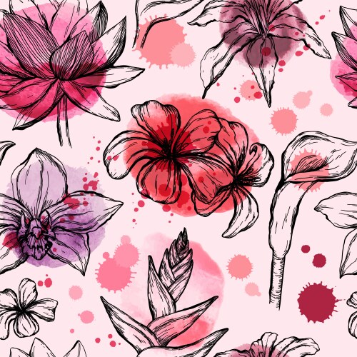 Seamless watercolor pattern with doodles flowers Vector Image