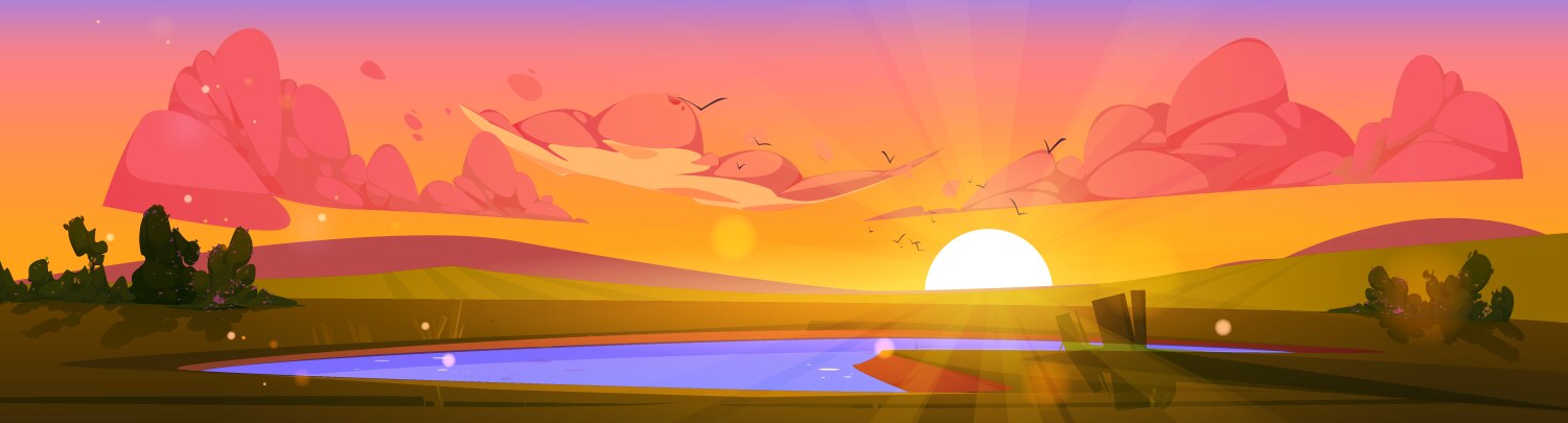 Cartoon nature landscape beautiful sunset at field