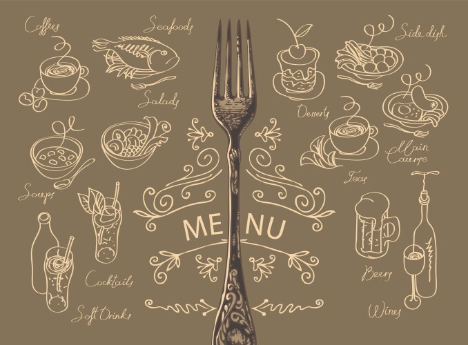 Menu with sketches different dishes Royalty Free Vector