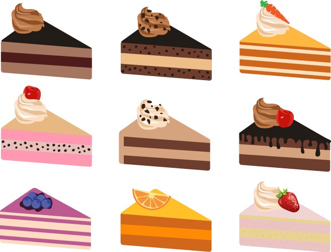 Cartoon color sweet cake dessert slice icon set Vector Image