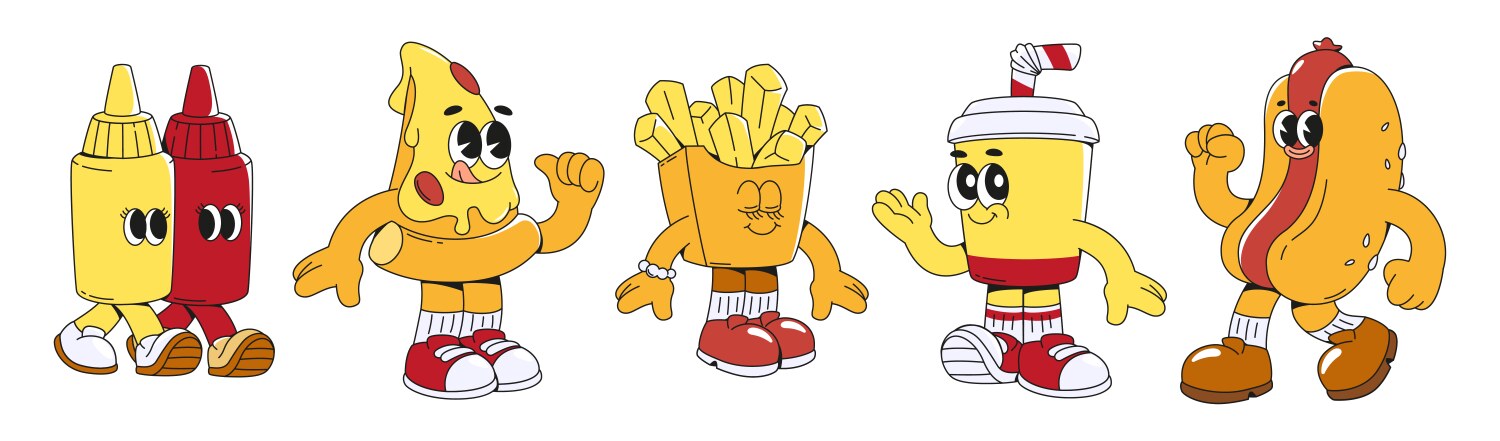 Groovy soda retro characters set cartoon food Vector Image