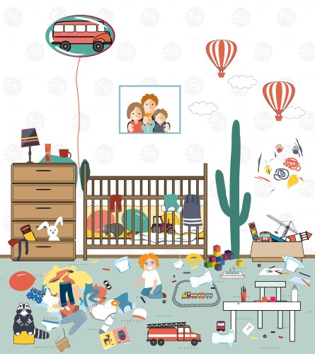 Messy kids playing in bedroom with toys cartoon Vector Image