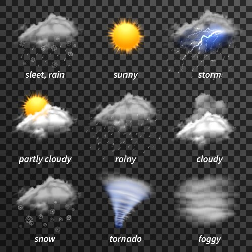 Realistic weather icons on transparent Royalty Free Vector
