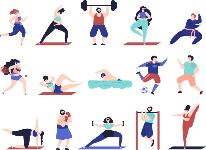 Fitness people cartoon characters set Royalty Free Vector