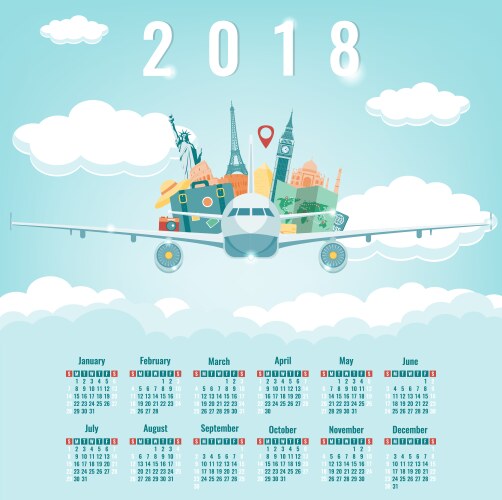 Calendar for 2018 with famous wolrd landmarks Vector Image