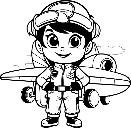 Boy pilot with airplane coloring book for children