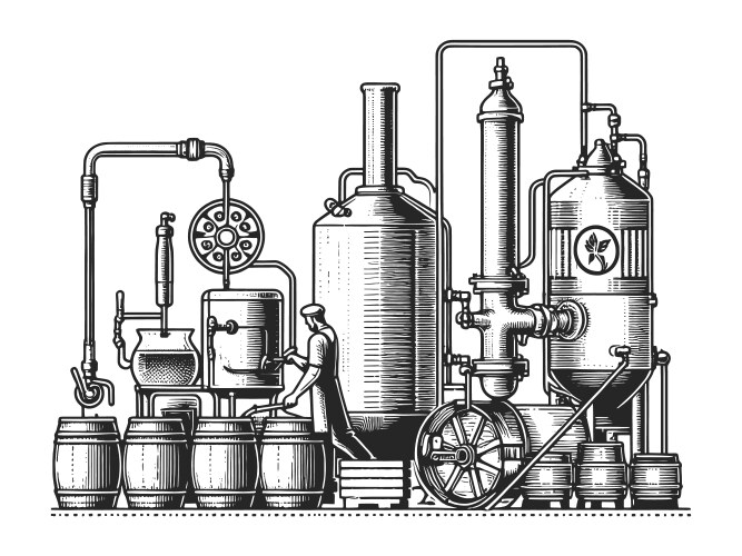 Beer brewing process factory sketch Royalty Free Vector