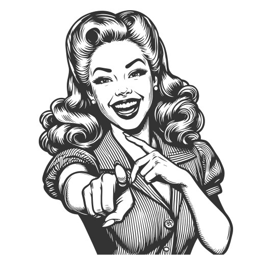 Laughing retro woman pointing forward Royalty Free Vector