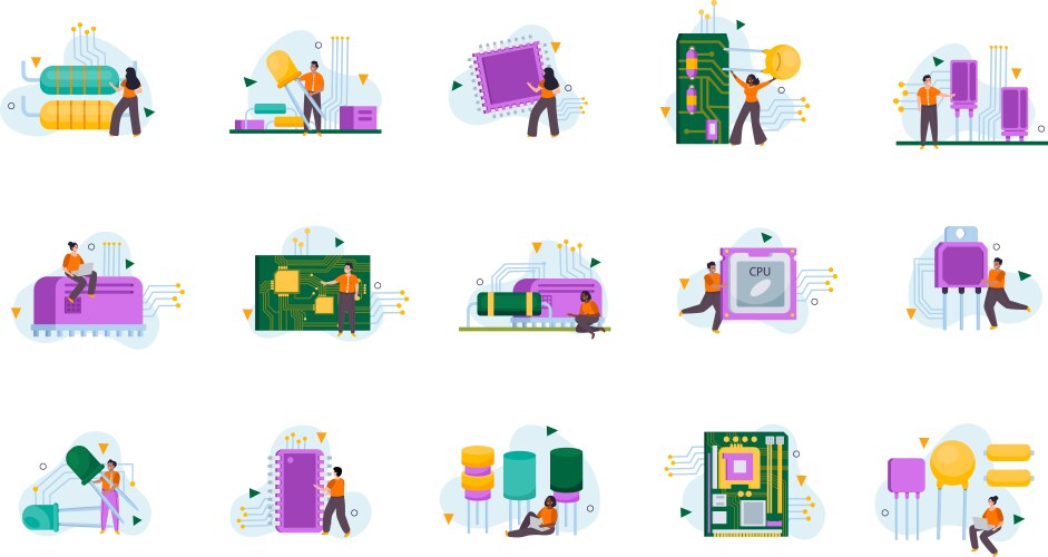 Semiconductor production icon set Royalty Free Vector Image