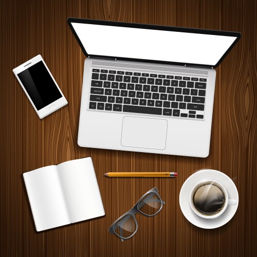 Laptop and office stationery on the table Vector Image