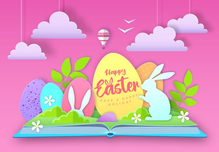 Open fairy tale book with easter eggs Royalty Free Vector