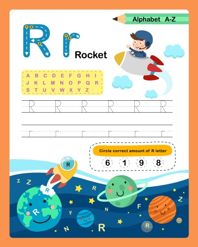 Letter r lowercase tracing rocket Royalty Free Vector Image
