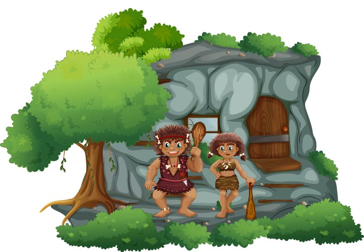Cartoon caveman sitting with cave background Vector Image