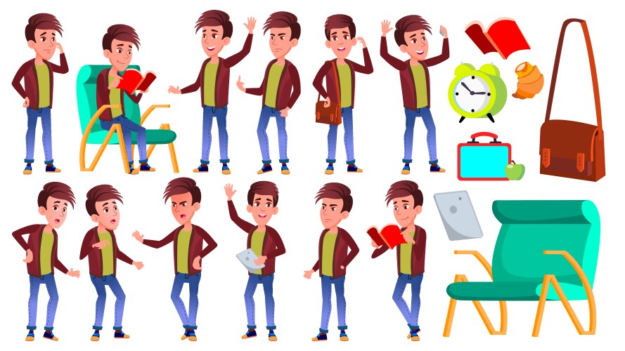 School boy character different poses Royalty Free Vector